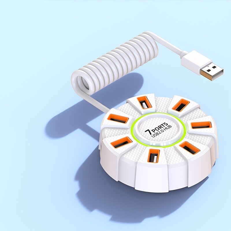 Портативный USB-хаб 7 портов с разноцветной подсветкой, USB 2.0, с внешним питанием, Plug and Play, белый