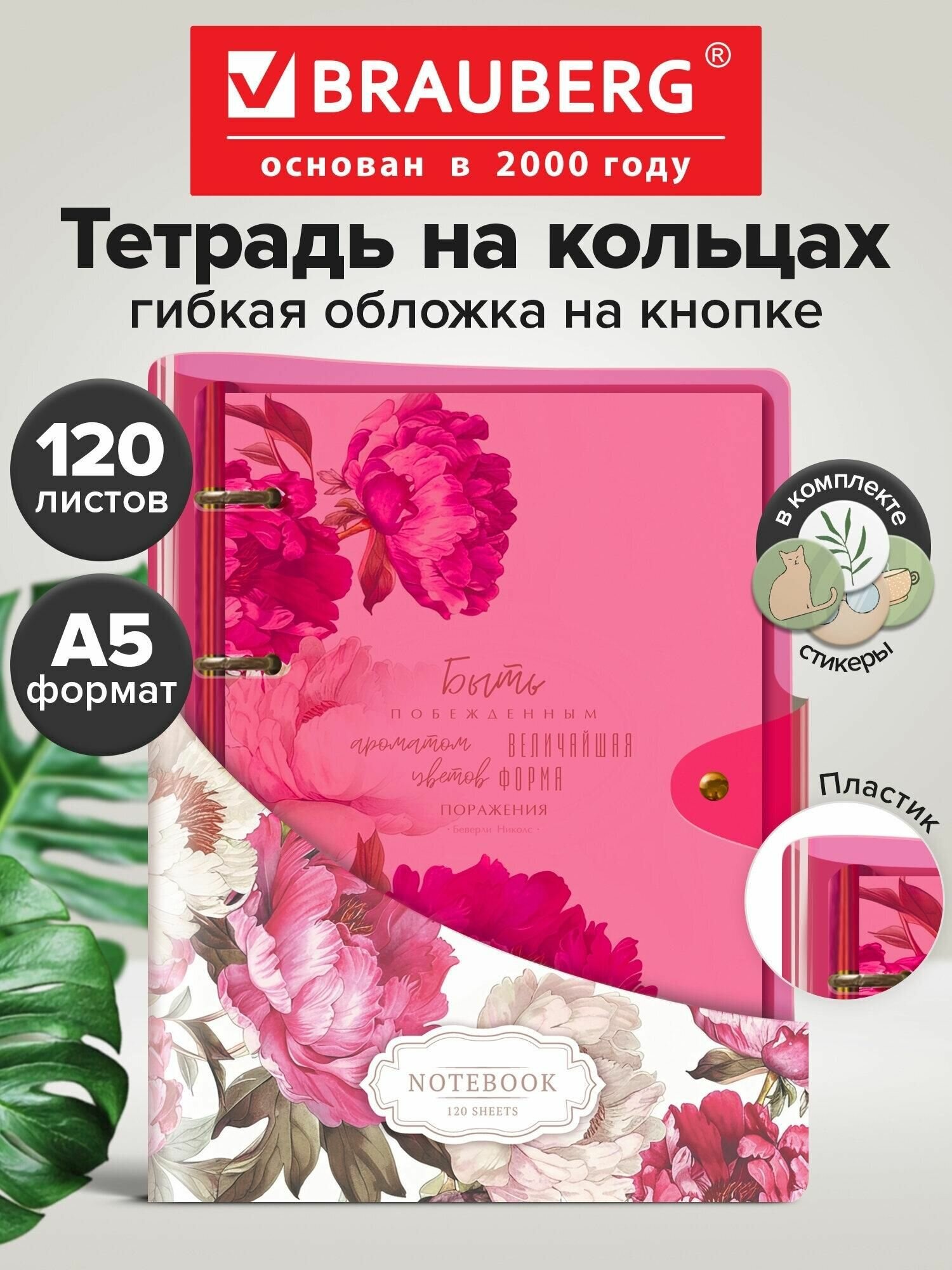Тетрадь Brauberg на кольцах А5, BRAUBERG, 120л, пластик, неон, клетка, розовый, 405221