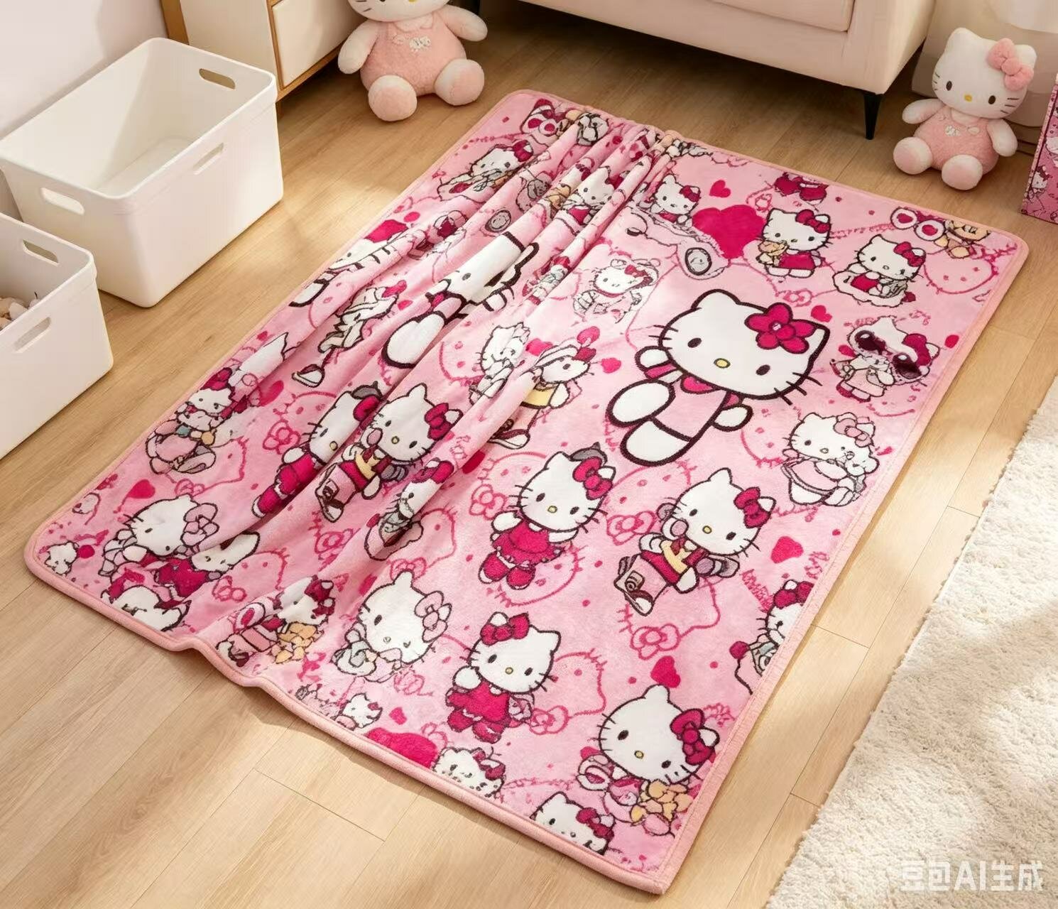 Фланелевое одеяло с рисунком Hellockitty, розовое, 130*200 см — фото 1