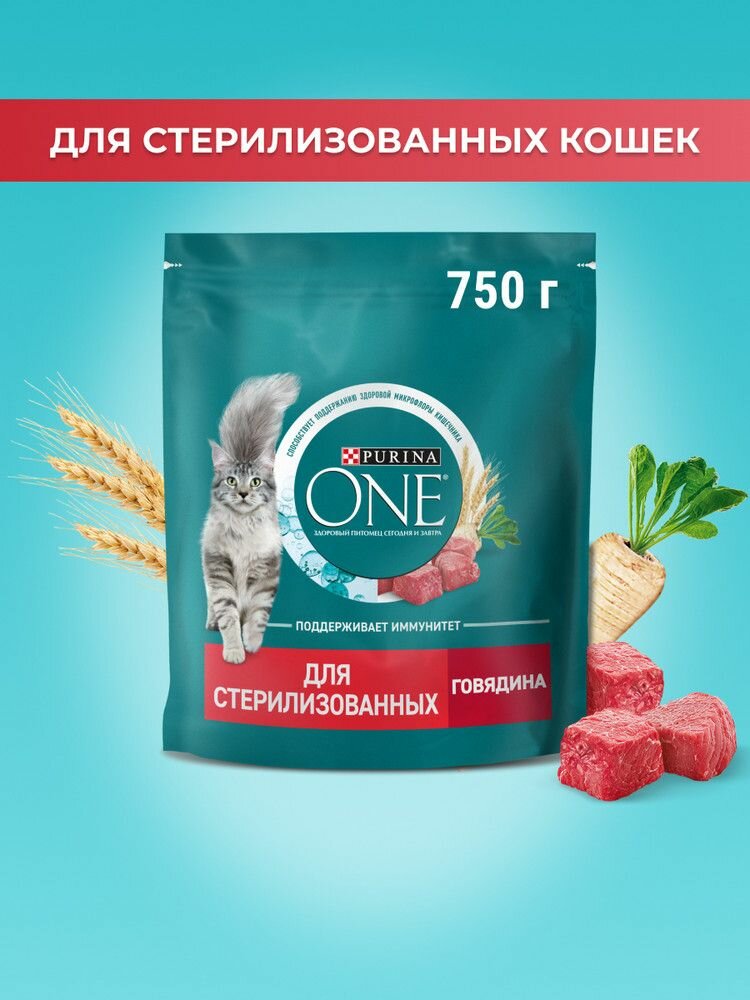 Сухой корм для кошек Purina ONE для стерилизованных, с говядиной и пшеницей, 750 г стерилизованные кошки говядина пшеница
