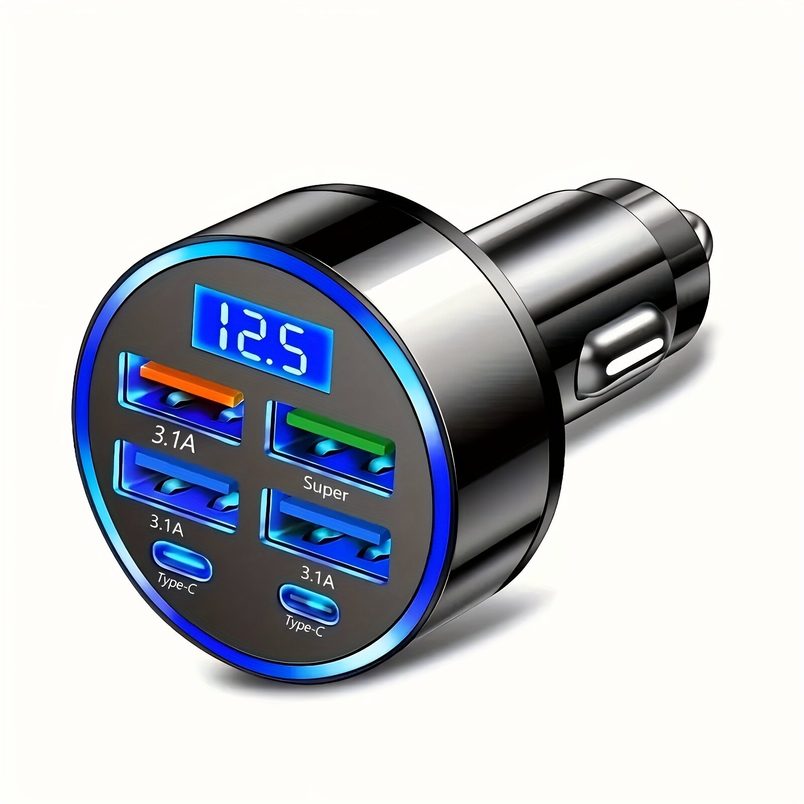 Автомобильное зарядное устройство USB C с цифровым дисплеем, 6 портов (2 PD + 4 USB), быстрая зарядка 3.1A/2.4A/1A, 12V, адаптер для прикуривателя, черный