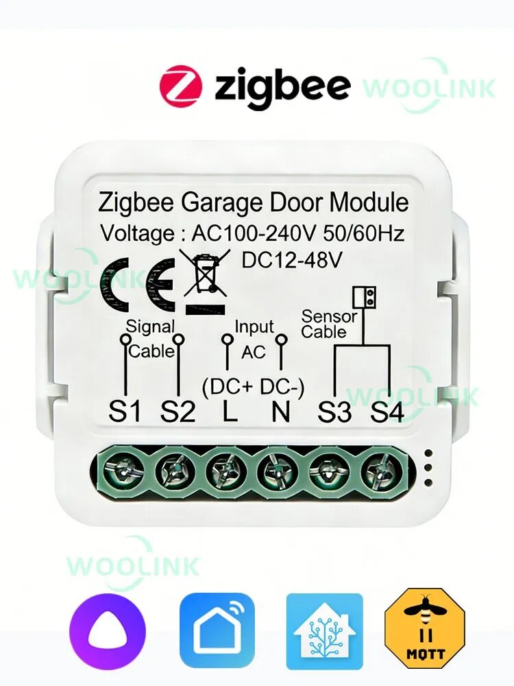 Умное реле с Zigbee для гаражных ворот, питание AC 100-240V / DC 12-48V, управление Алисой, требуется шлюз