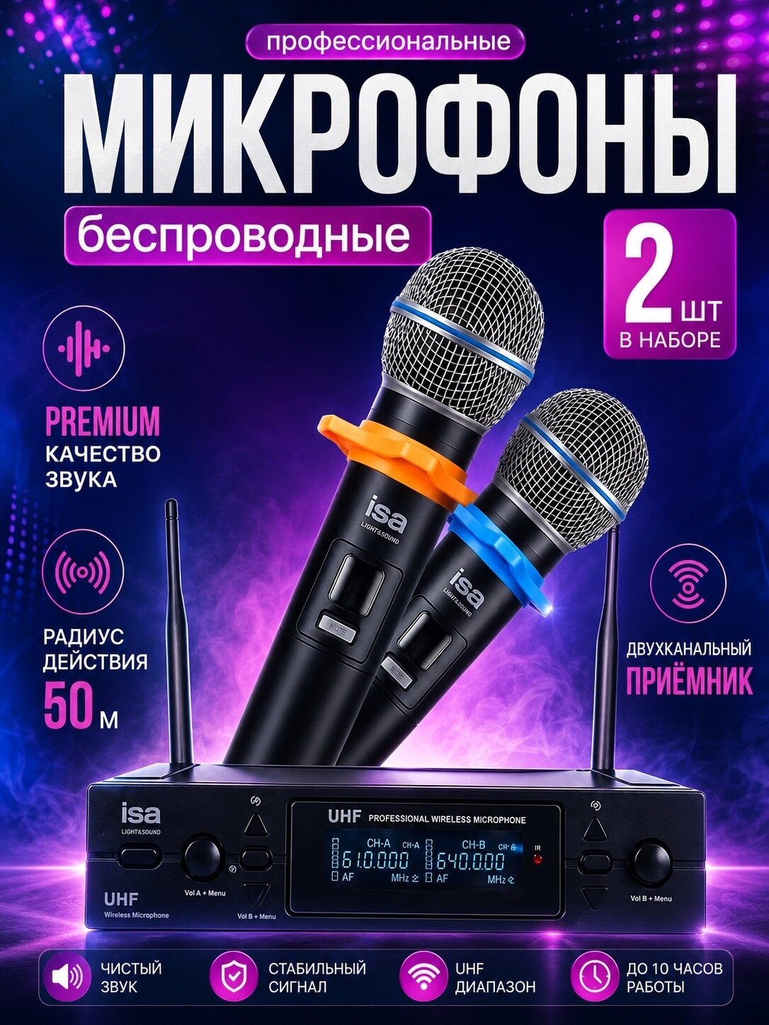 Комплект из 2 беспроводных микрофонов с приёмником, подходит для караоке и мероприятий