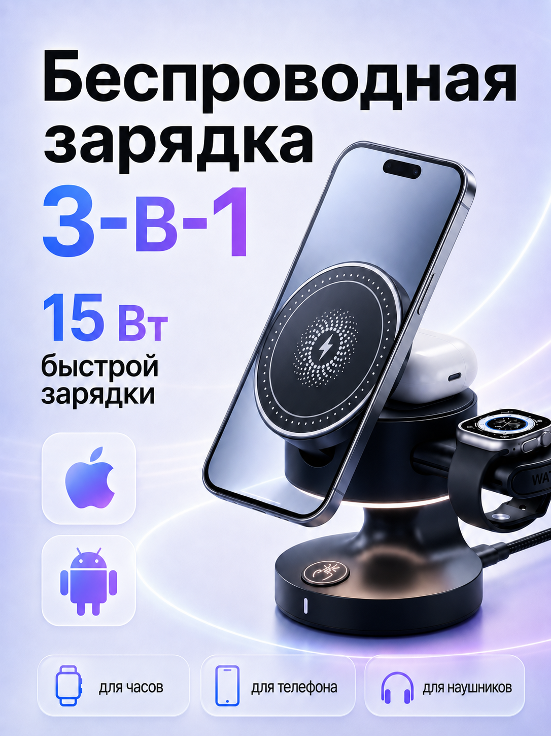ARUVALS Складная зарядная станция 3 в 1, MagSafe 15 Вт, с ночником, для iPhone, Android, Apple Watch, AirPods, черный