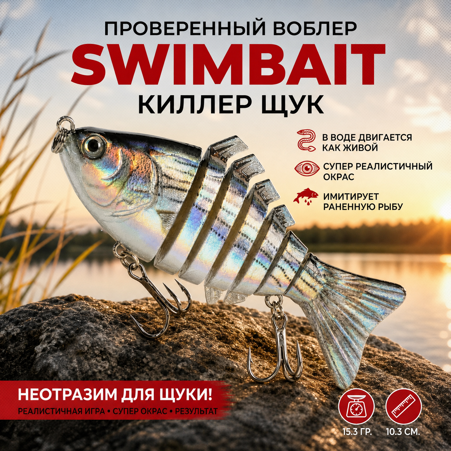 Проверенный воблер SWIMBAIT киллер ЩУК - тонущий свимбейт приманка на щуку, окуня, судака, хищника 15,3г. 10,3см. (Цвет товара: серебристый; Длина: 10,3 см)