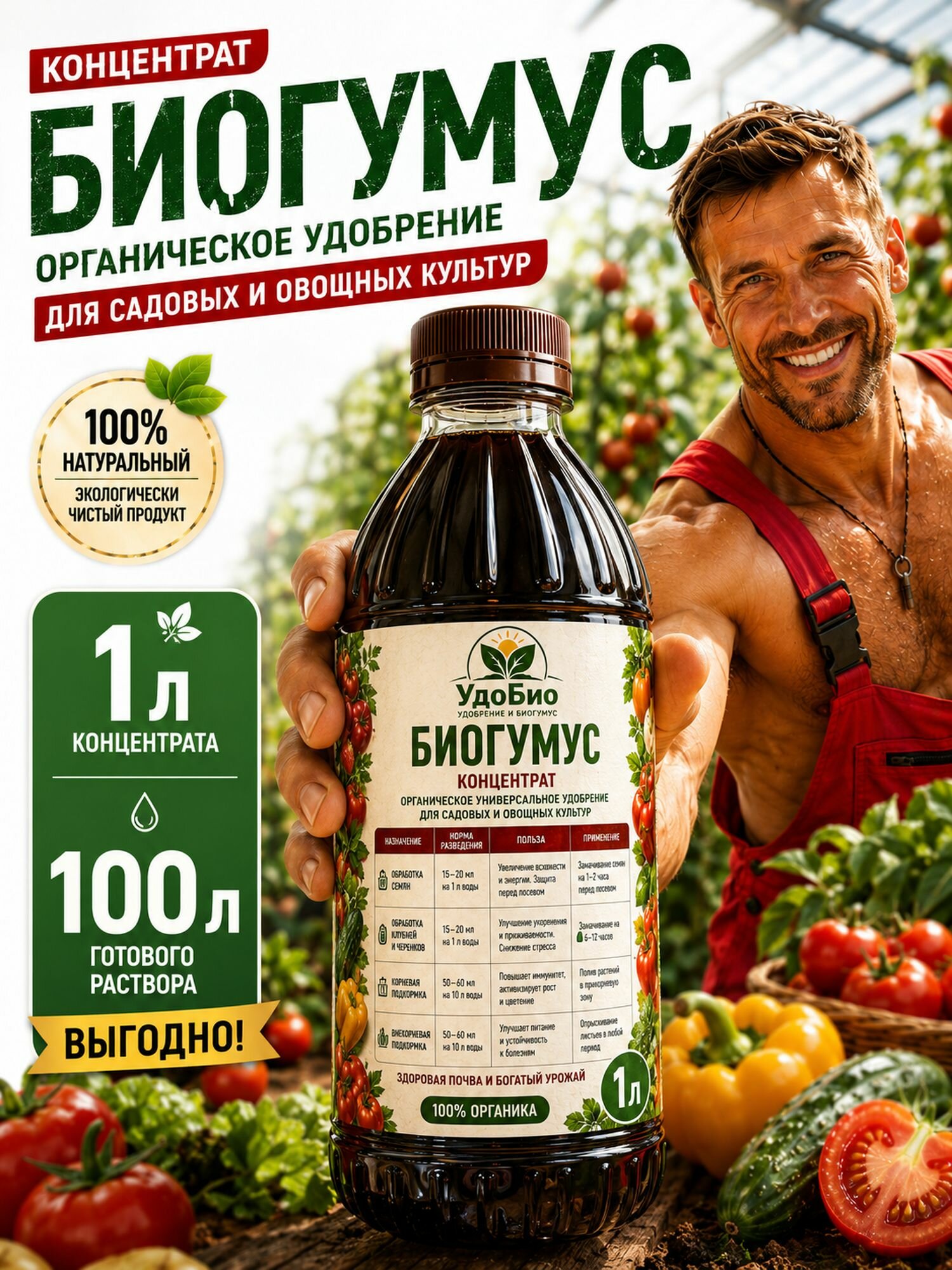 Удобрение жидкий биогумус, концентрат универсальный. Буйное цветение - обильное плодоношение, 1л. УдоБио/Нечипоренко Н. Е. Удобрение для семян, рассады, растений, цветов, кустарников и деревьев