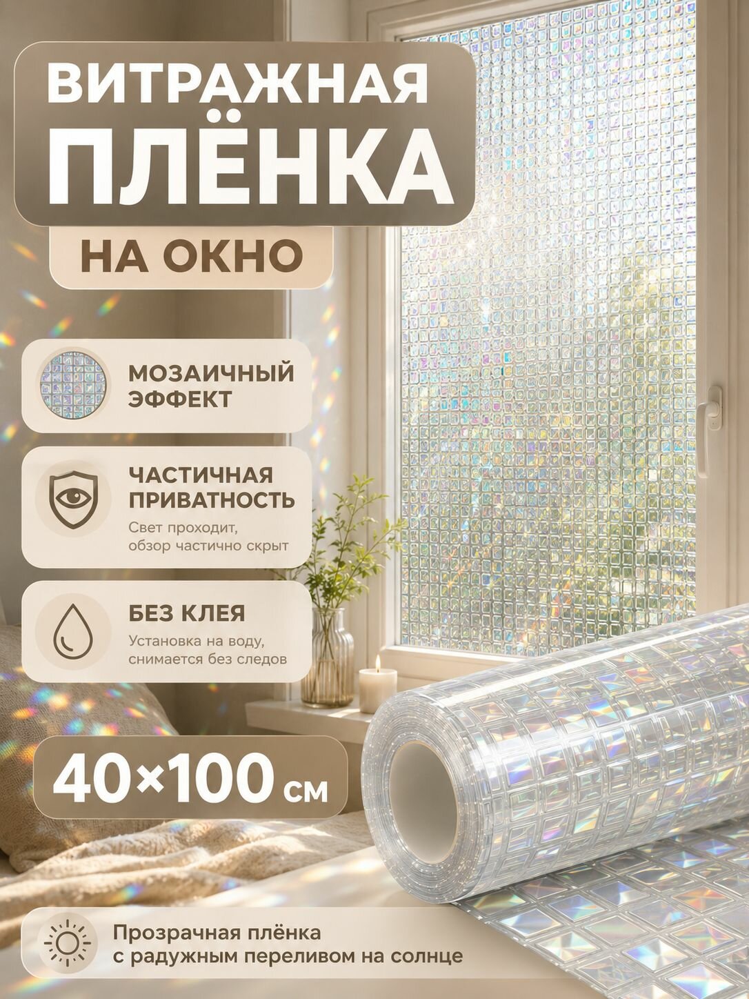 Пленка на окна, витражная декоративная пленка на стекло Мозаика, статическая без клея, радужный эффект, частичная приватность, 40*100 см