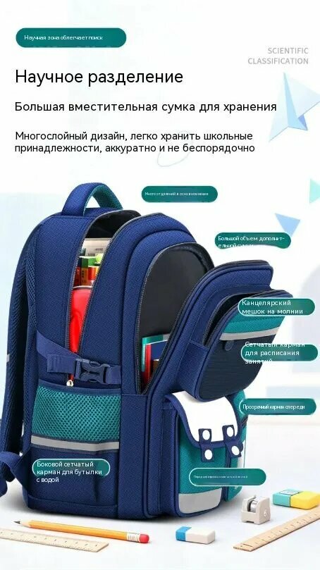 Детская школаРюкзак，4-6 классы, подарочный футляр для ручек, открытка, подвеска — фото 1