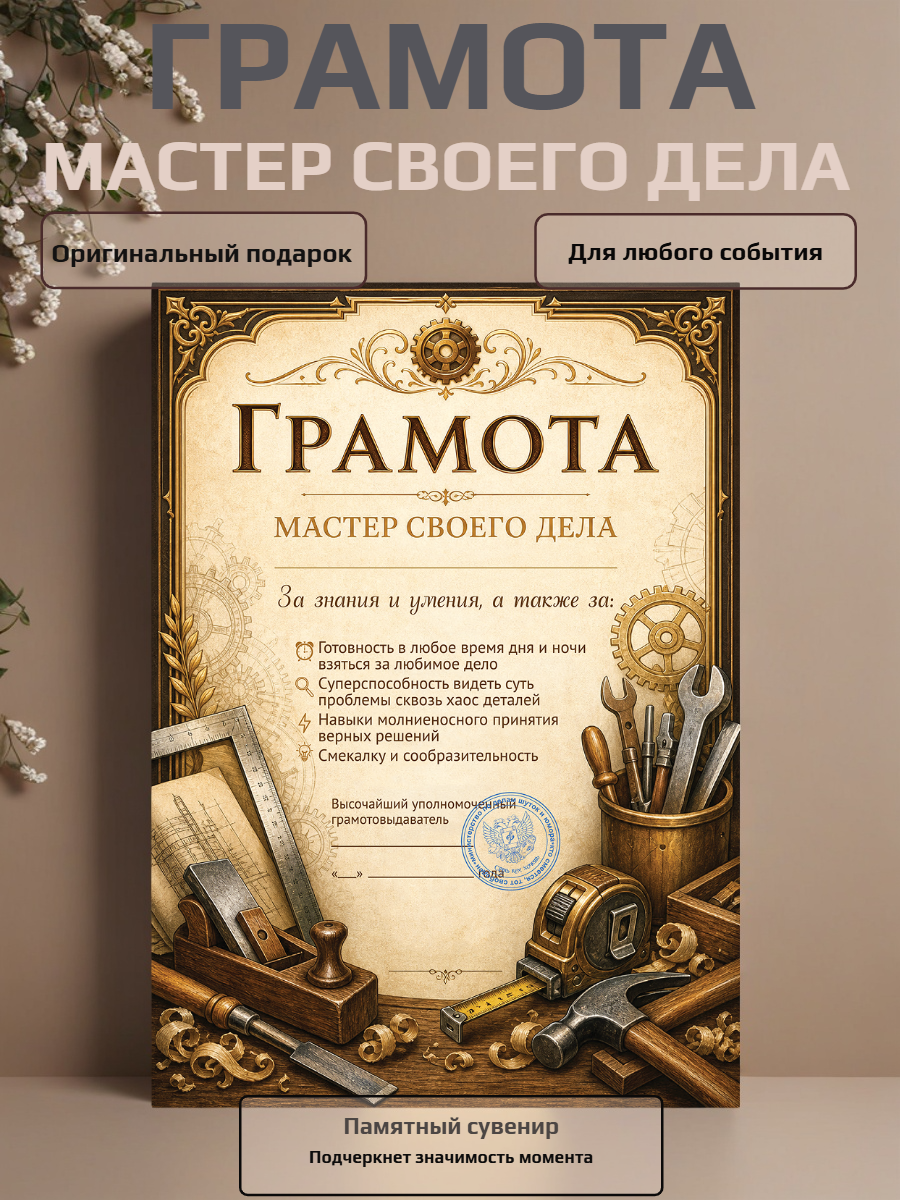 Грамота Филькина грамота "Мастер своего дела", А4, на картоне, 30 см x 21 см, 1 шт