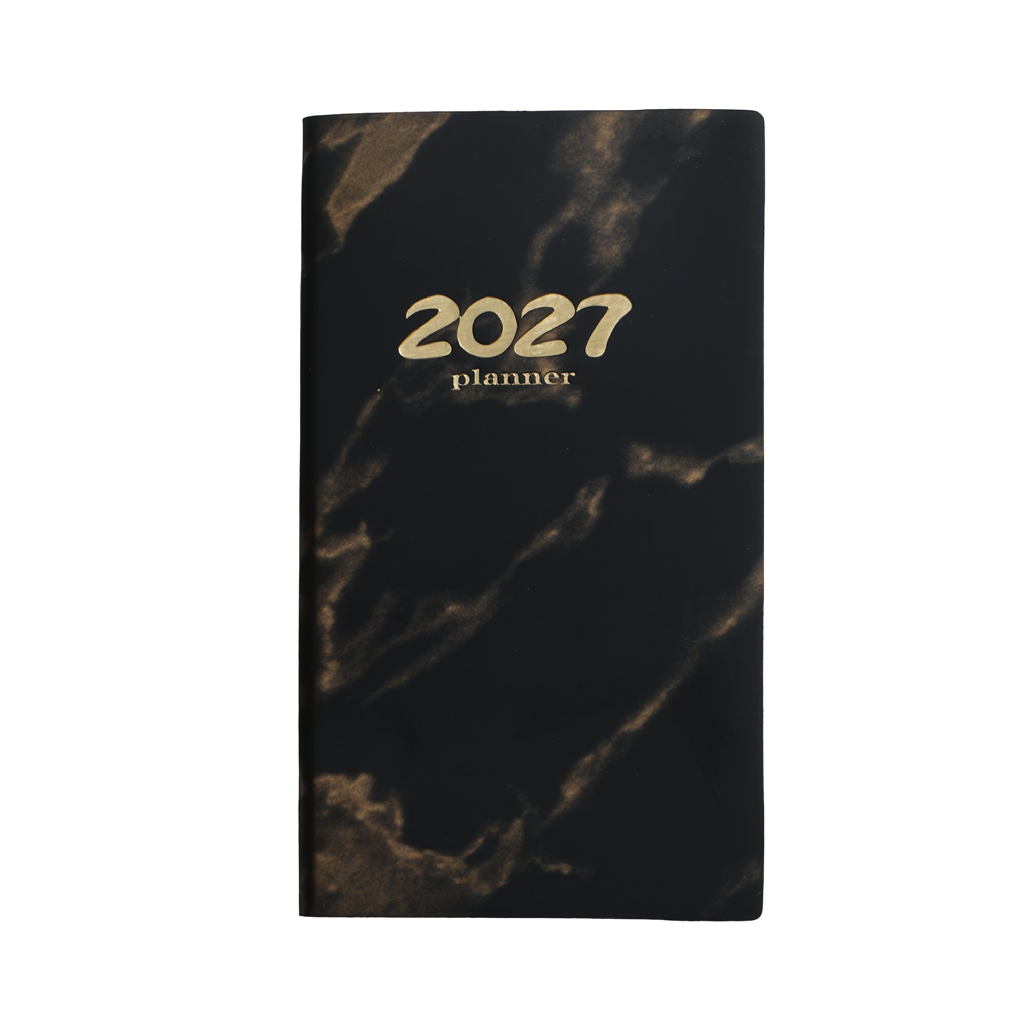 Еженедельный и ежемесячный планер на 2027 год, 3.94 x 6.89 дюйма, обложка из PU-кожи с мраморным рисунком и золотым тиснением, черный