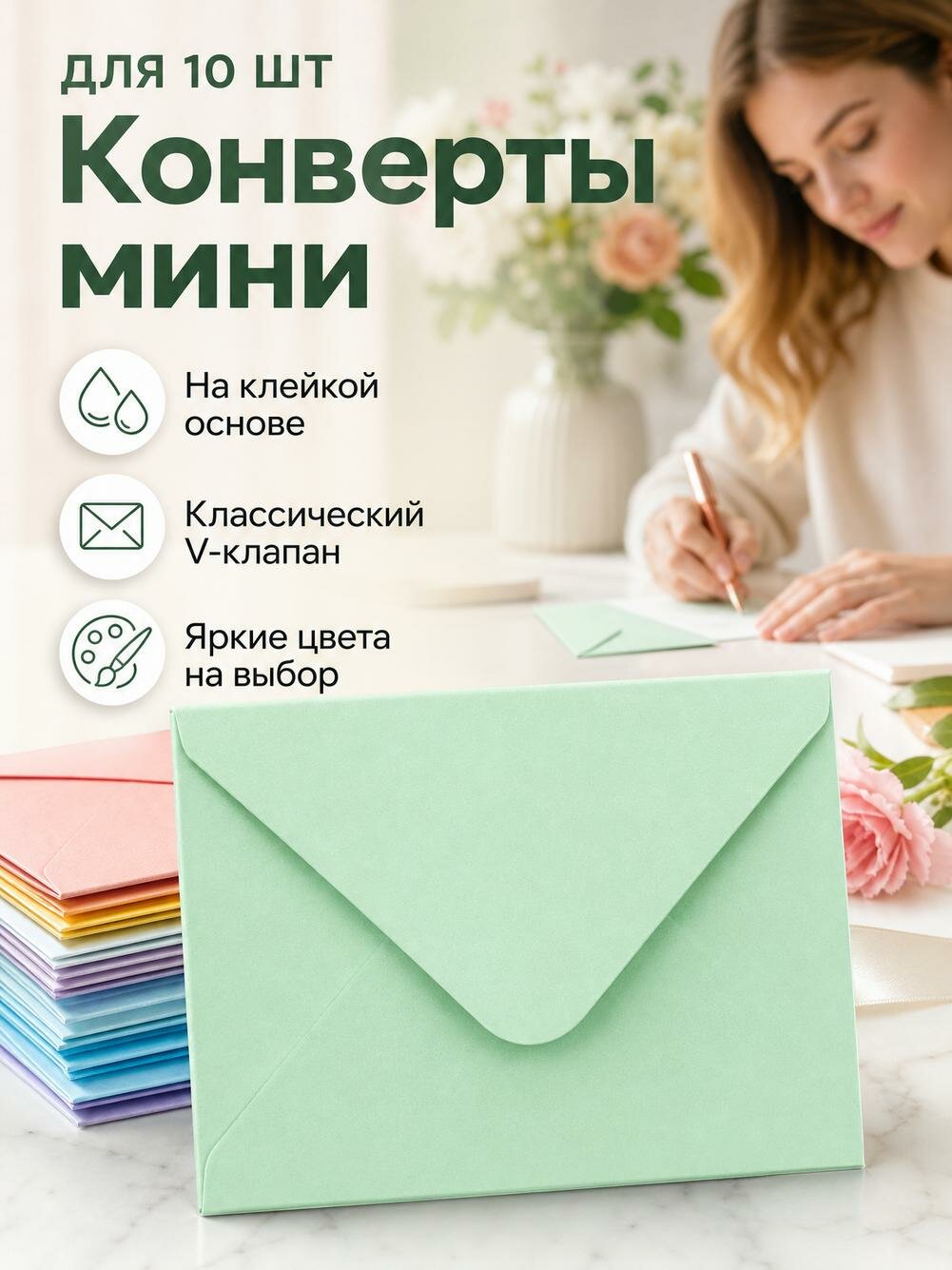 Конверт для писем 10х7 см, зеленый, 10 шт