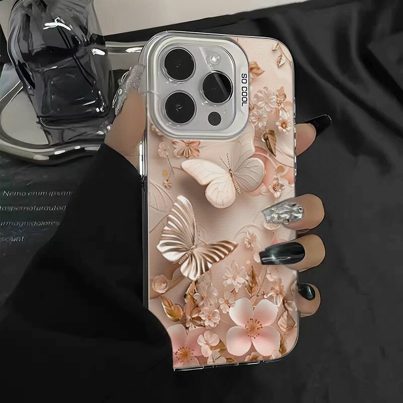 Чехол на Aйфон 11 / IPHONE 11 белый с дизайном Бежевые цветы и бабочки, силиконовый антиударный