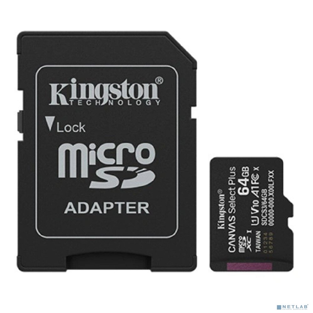Micro SecureDigital 64GB Kingston Canvas Select Plus, UHS-I, U3, V30, A2, с адаптером