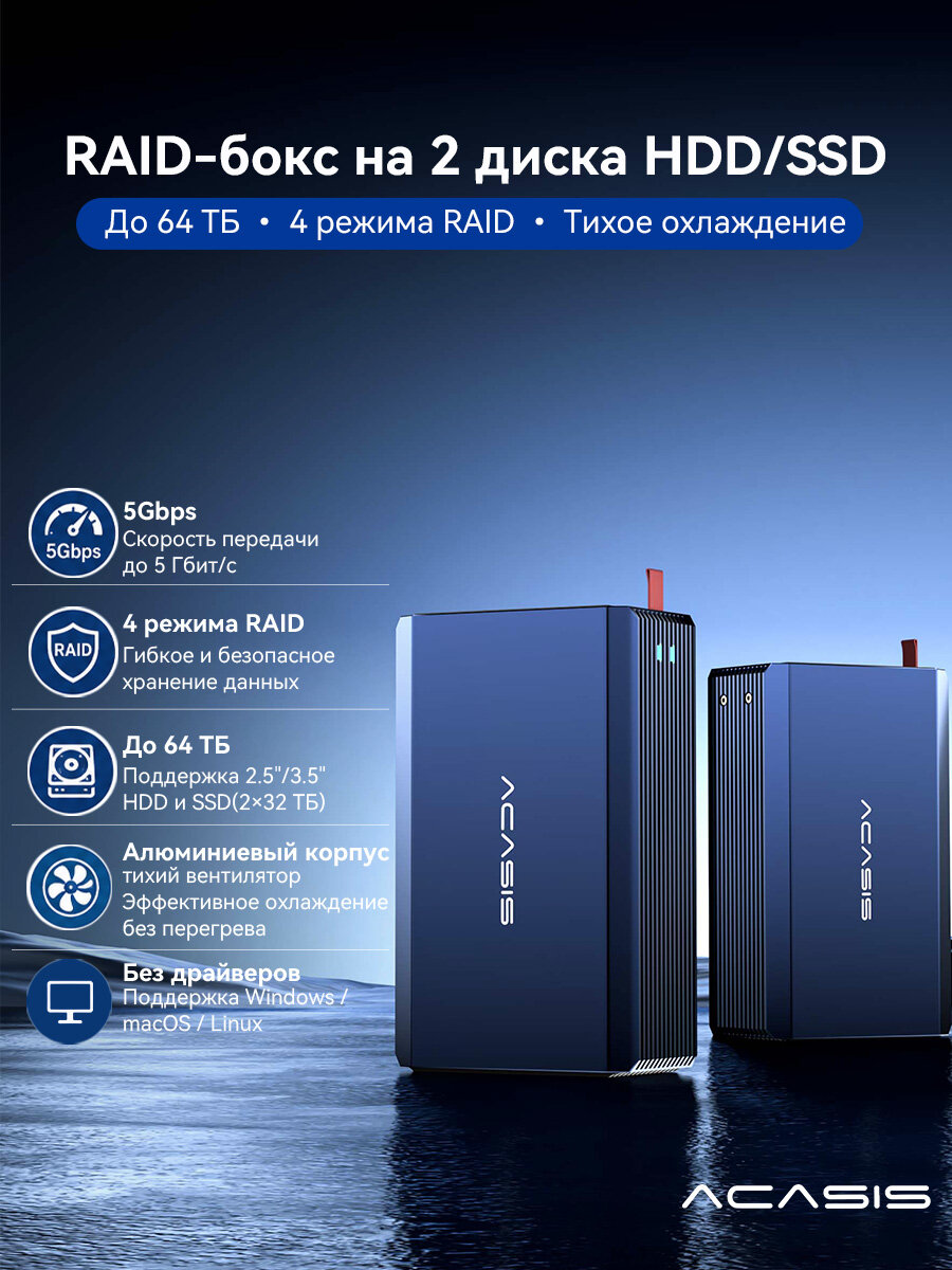 Acasis корпус для 2.5"/3.5" HDD/SSD, USB-C 5 Гбит/с, до 60 ТБ, 4 режима RAID 0/1/JBOD/SPAN, активное охлаждение, алюминиевый корпус, кнопка питания, адаптер EU 12V/4A, для ПК и ноутбуков (EC-7352-EU) внешний корпус RAID контейнер