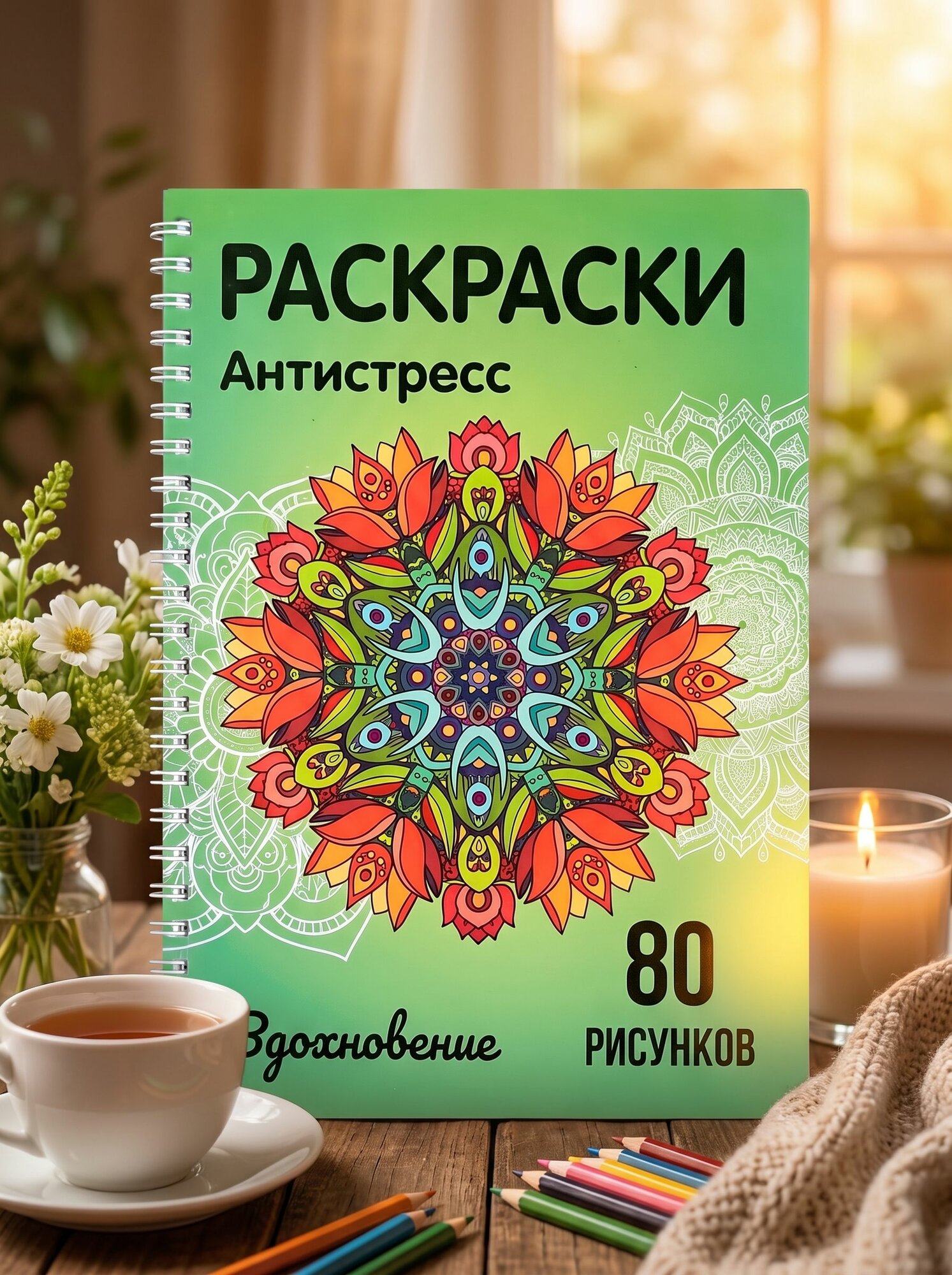 Раскраска антистресс для взрослых и детей "Вдохновение" 80 картинок: мандалы, красивые узоры, ловцы снов, пёрышки.