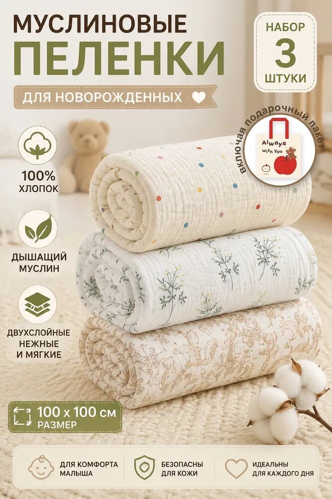 Пеленка для малышей 100 x 100 см, Хлопок, 3 шт Муслиновые пеленки для новорожденных 100 х100 см
