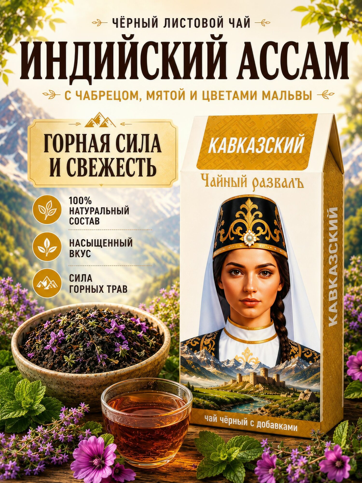 Чай черный листовой с чабрецом и мятой Кавказский, чай с горными травами