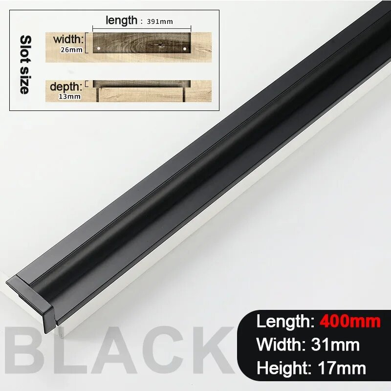 Скрытые ручки для шкафов из металла, 100-400 мм Черный, Black 400mm