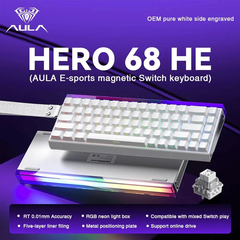 HongDiJia Игровая клавиатура Aula HERO 68HE, Английская раскладка, белый