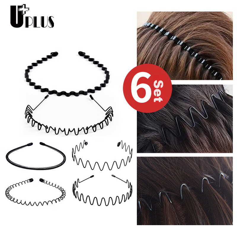 UPLUS Men's Headband 6-Piece Set, Black Non-Slip Invisible Hairpin, Trendy Men's Backhead Oil Hair Headband, Hair Clip for Flyaway Hair Styling