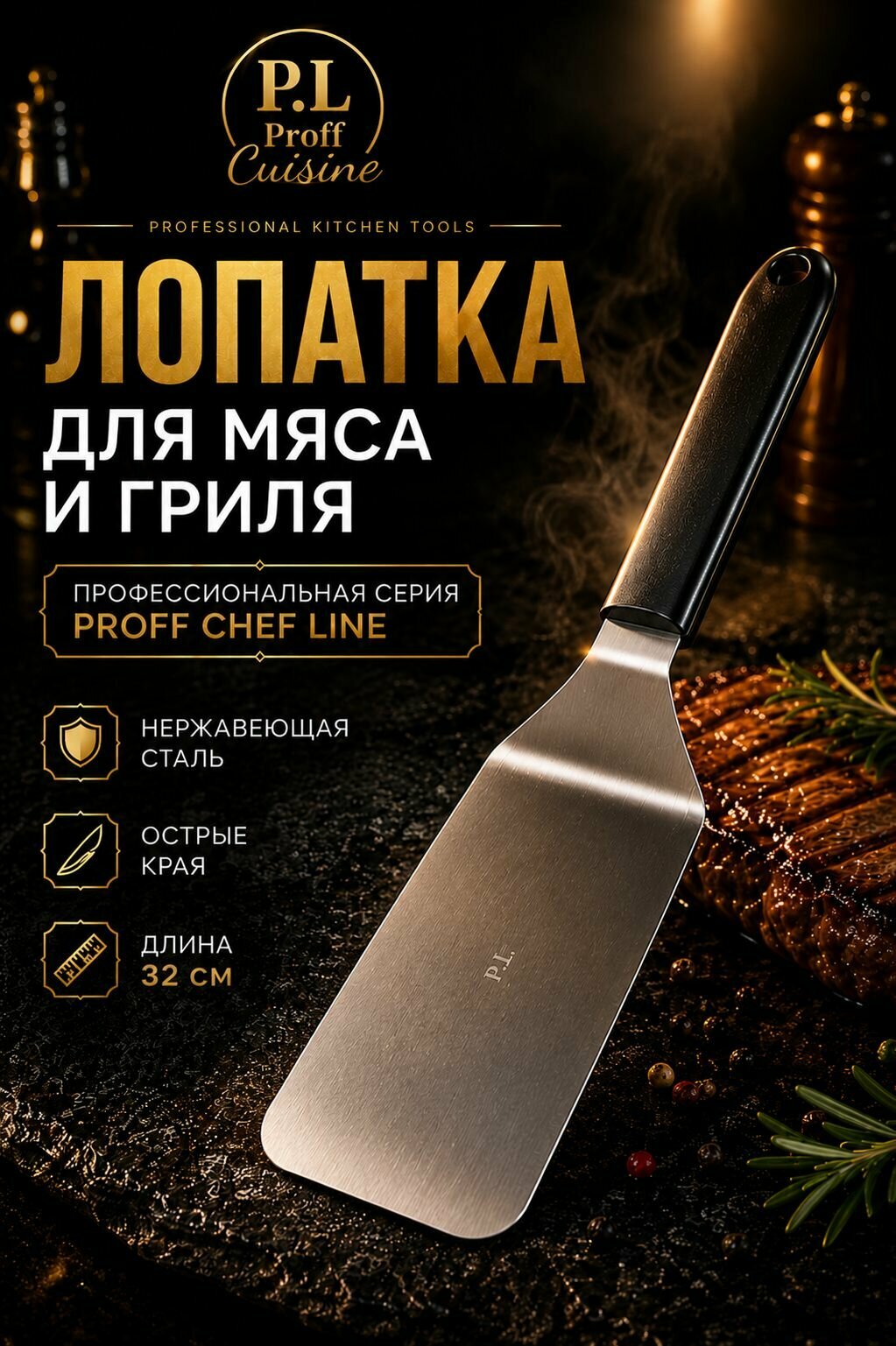 Лопатка широкая для гриля и барбекю 14,3 9,5 см из нержавеющей стали, 31 см, с пластиковой ручкой, P.L. Proff Cuisine