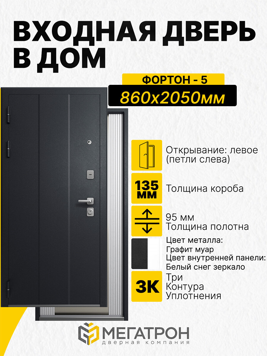 Входная дверь ФОРТОН-5 Зеркало Графит муар/Белый Снег 860x2050 (L)