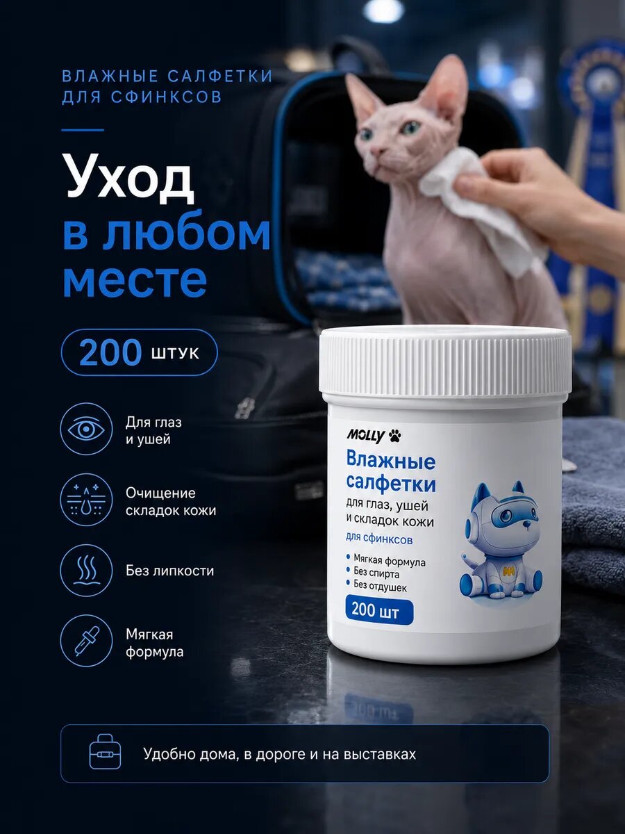 Влажные салфетки для сфинксов и бесшёрстных кошек