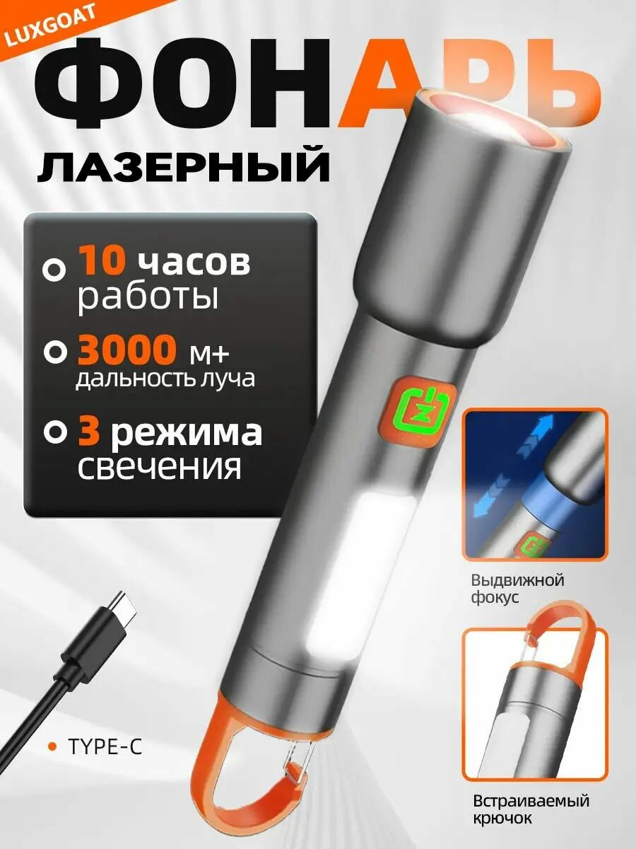 LUXGOAT Фонарик аккумуляторный ручной, 7 режимов освещения, с крючком и подсветкой для создания атмосферы-xm