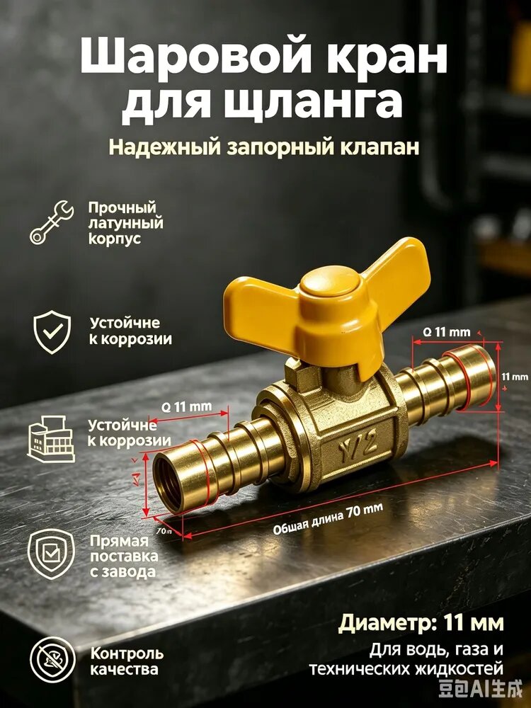 Газовый латунный кран-шаровый с двумя штуцерами 11 мм, калибр 11, для газа/воды