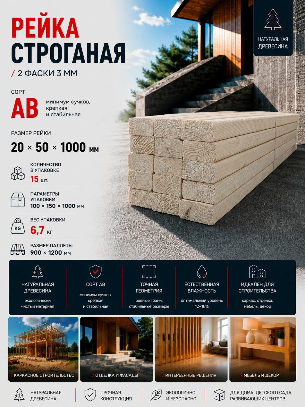 Рейка строганая 2 Фаски 3 мм сорт АВ, 20х50х1000, 15шт, хвойных пород