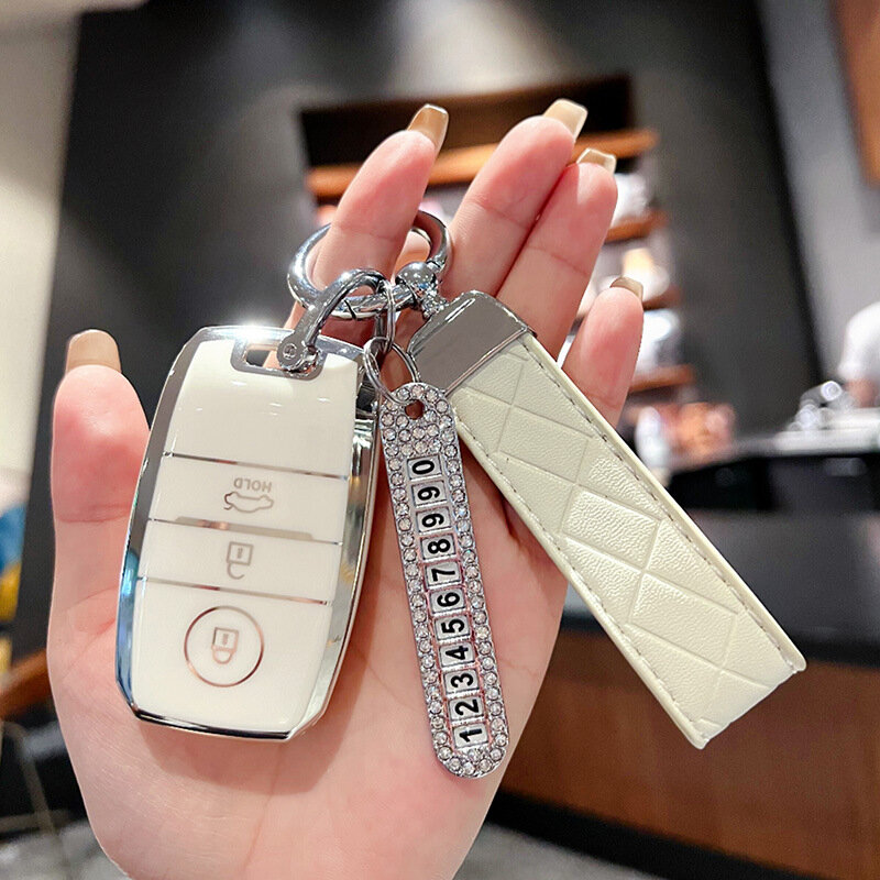 Ключевой брелок Kia Круглый чехол Белый с белой ромбовидной пряжкой и номерной табличкой совместим с моделями K3