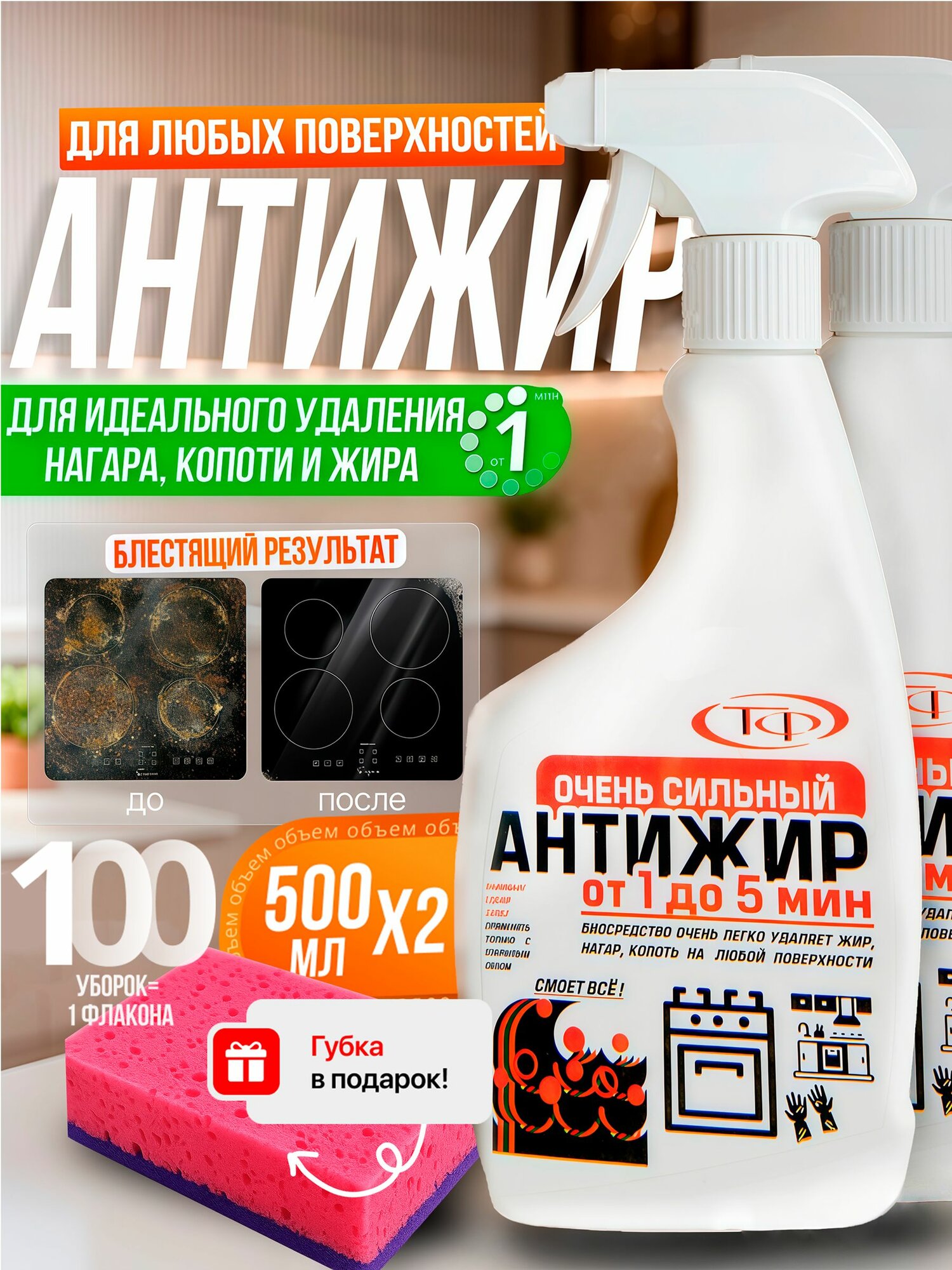 Антижир. Чистящее средство для кухни, жироудалитель, средство от жира и нагара. Спрей для удаления масло-жаровых и белковых загрязнений, 2х500мл