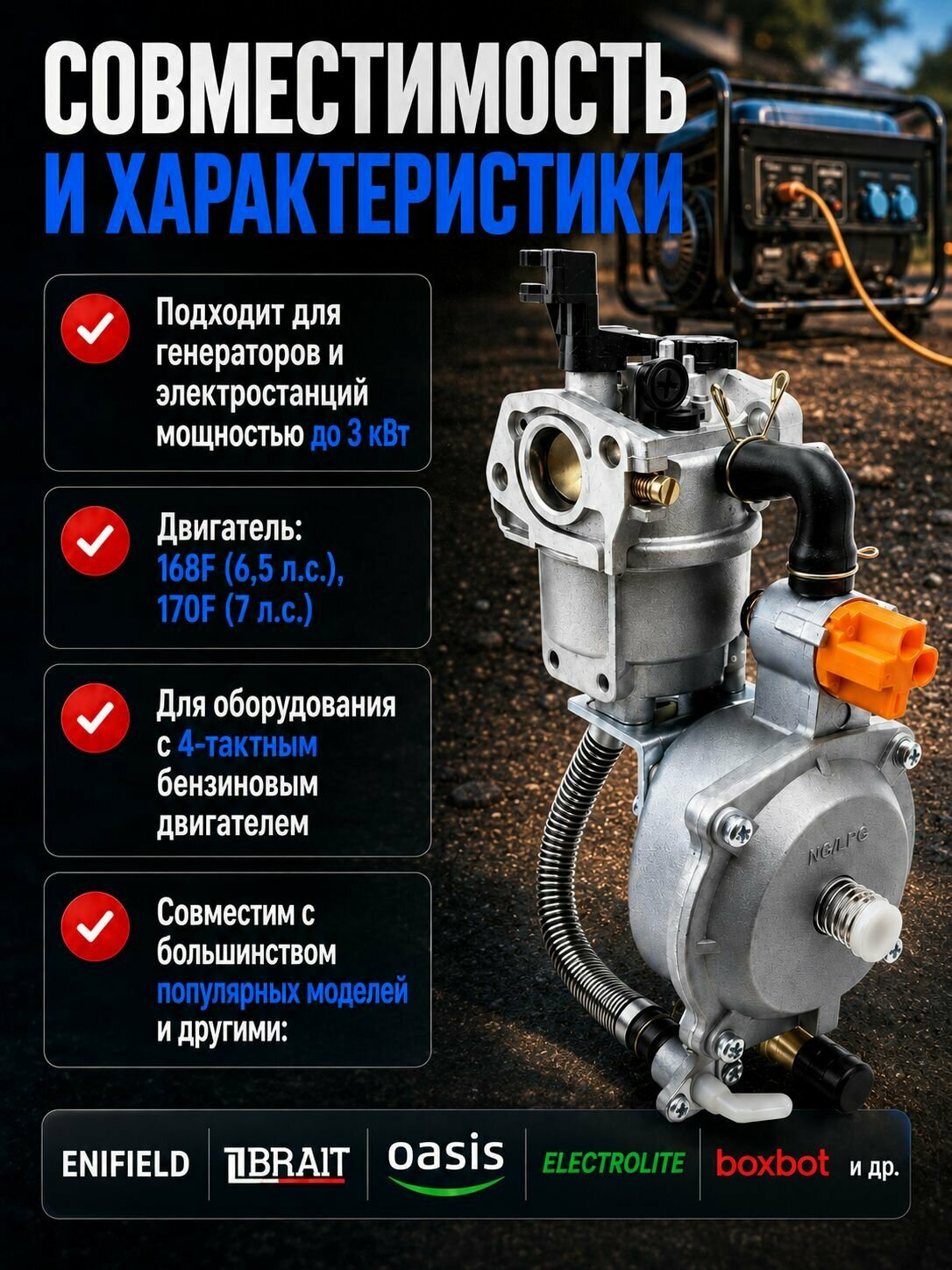 Карбюратор бензин - газ с редуктором (2,0-2,8 кВт) 168F
