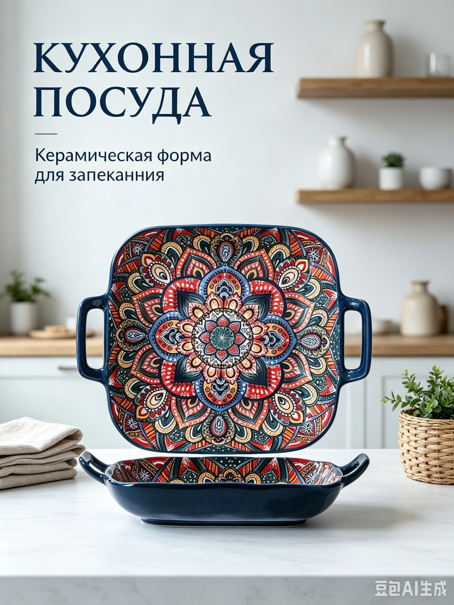 Керамическая тарелка в марокканском стиле с красно-сине-черным рисунком, длиной 23 см, для микроволновой печи