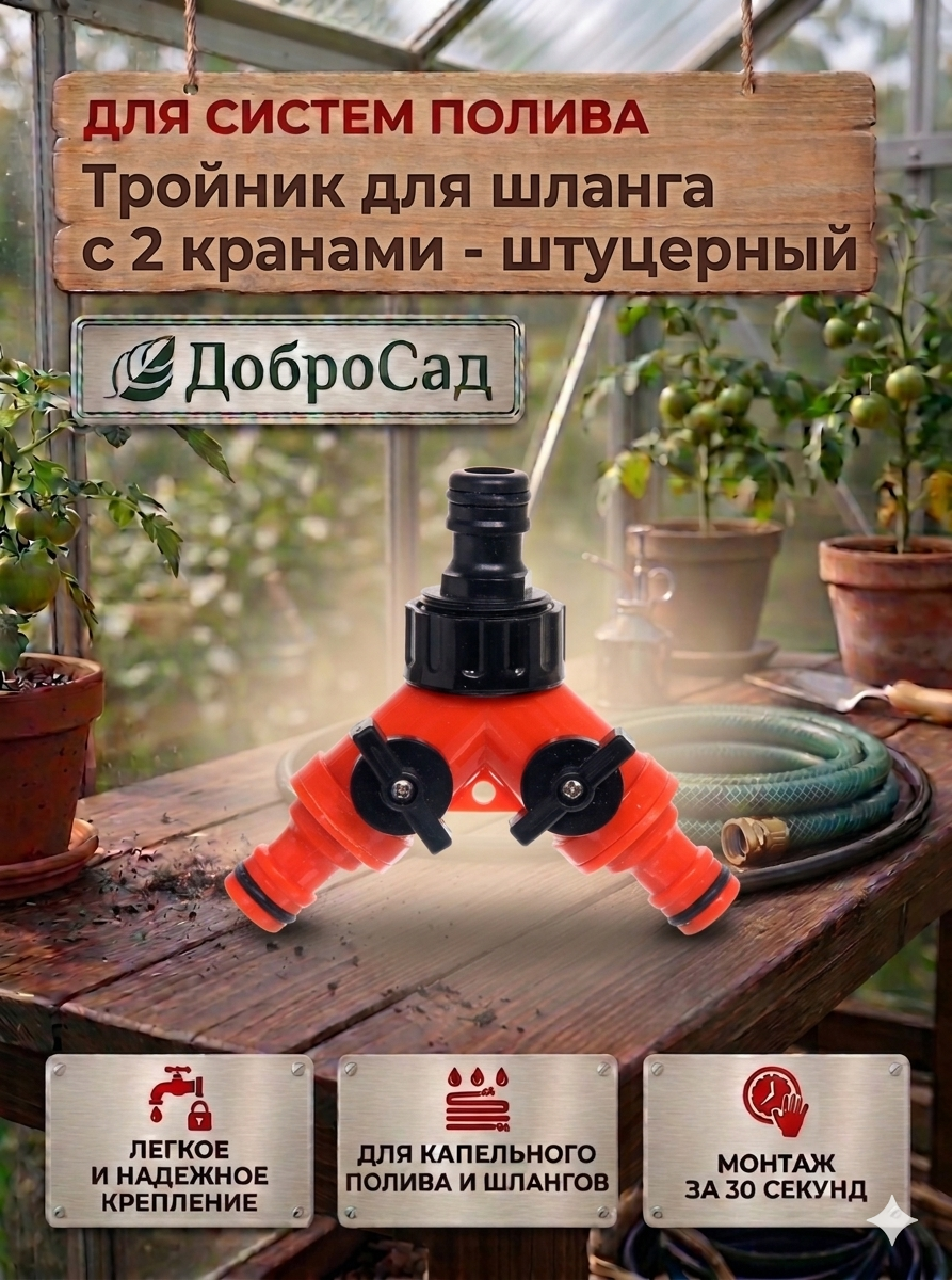 Тройник с 2 кранами для шланга, "ДоброСад", пластиковый, Y-образный