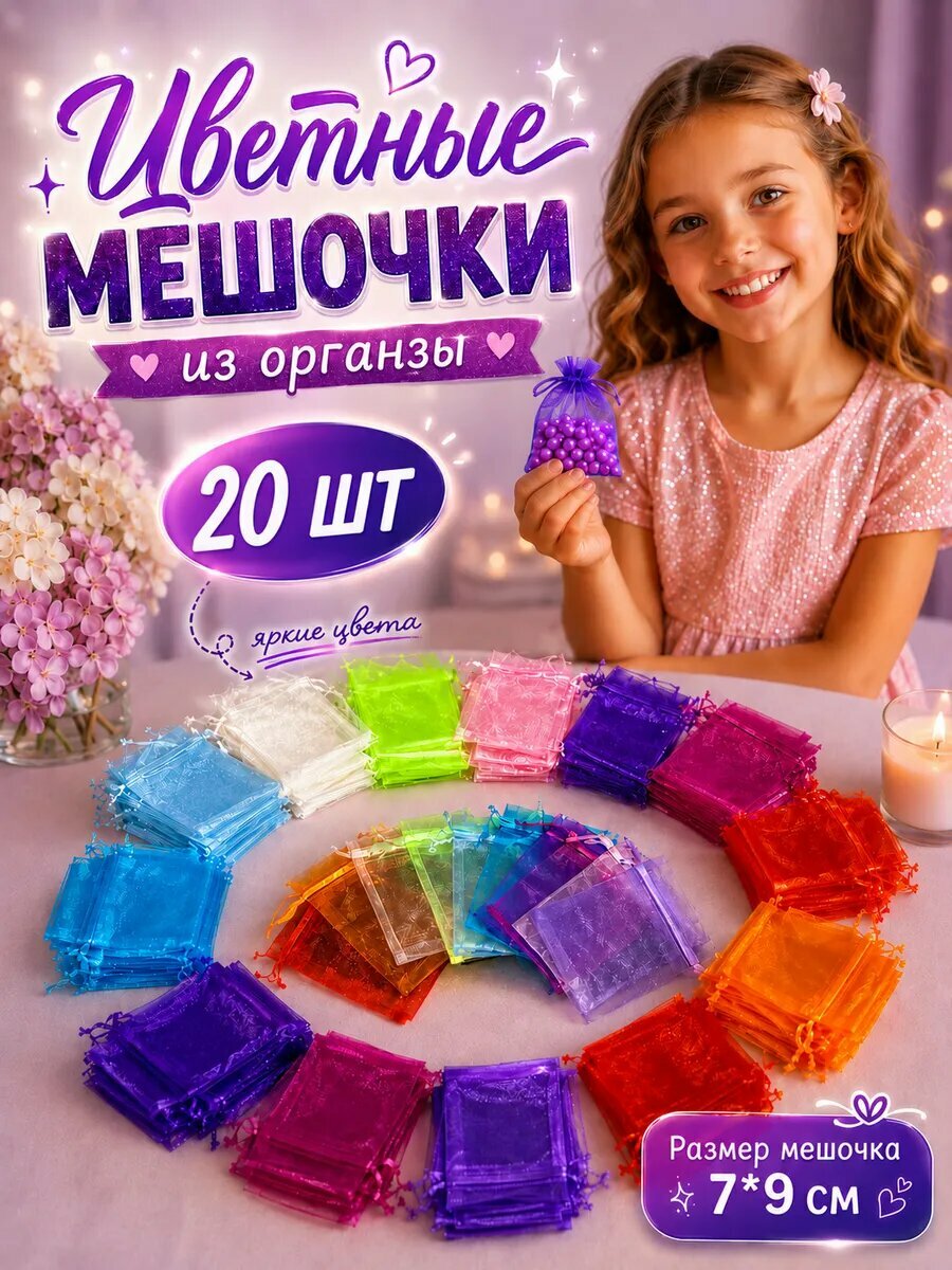 Мешочки из органзы в подарок 7*9 микс 20 шт