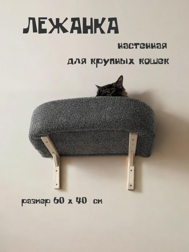 Лежанка для кошек, Ван Кот, настенная, с бортиком, темно-серый ковролин, 60х40 см