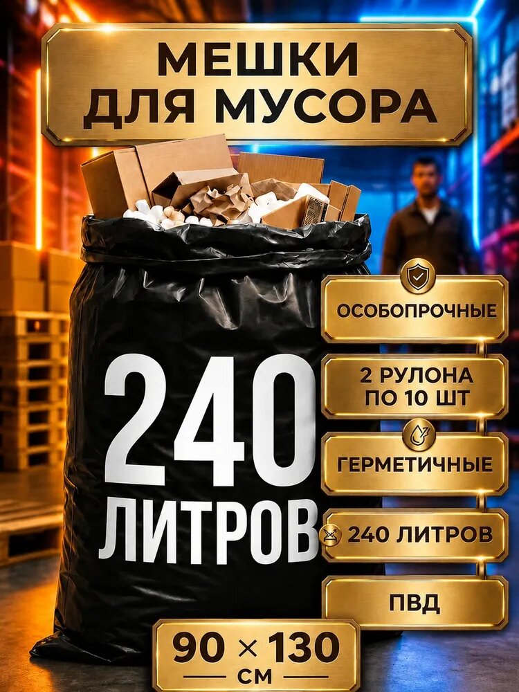 Пакеты/мешки для мусора 240 литров, особо прочные, для строительного и бытового мусора.