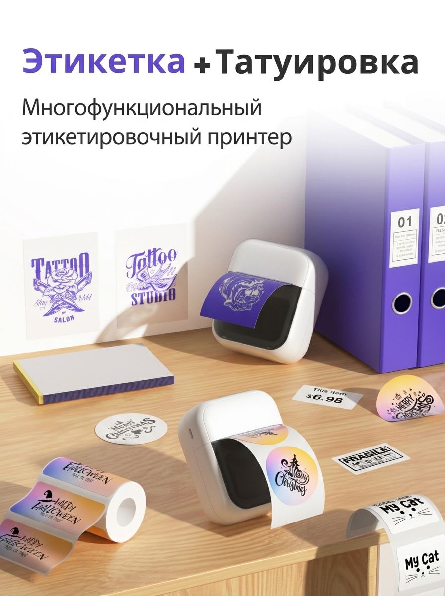 Портативный принтер этикеток, тату-принтер, беспроводное подключение для цветных наклеек, ценников и тату-студий