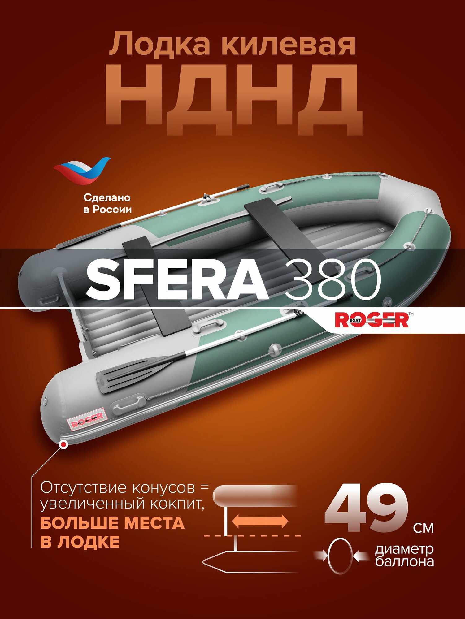 Лодка ПВХ под мотор ROGER Sfera 380, надувная для рыбалки НДНД килевая (зеленый-серый)