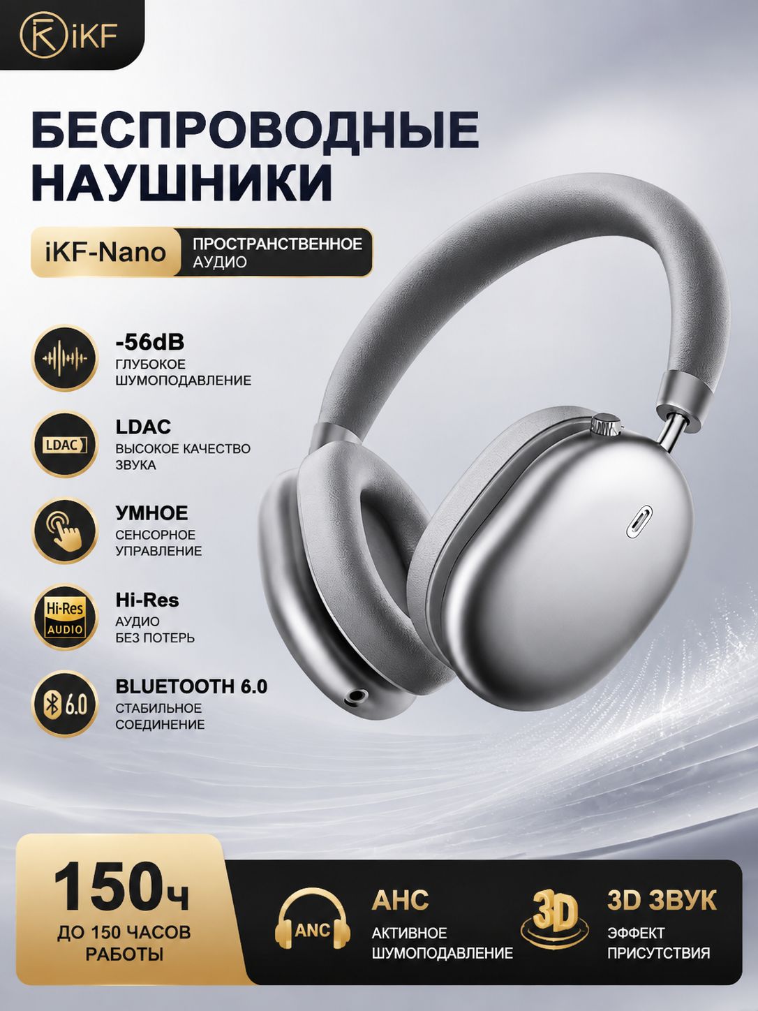 Беспроводные накладные наушники iKF Nano с адаптивным активным шумоподавлением (-56 дБ), поддержкой LDAC и Hi-Res, пространственным 3D-аудио с отслеживанием головы, Bluetooth 6.0