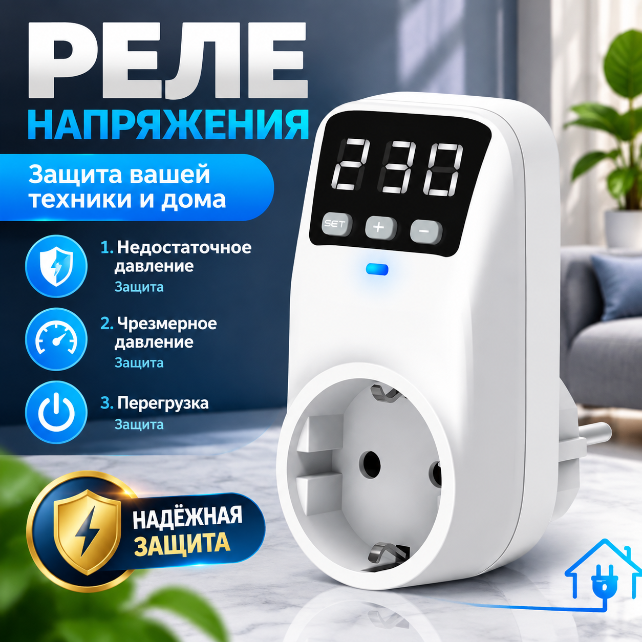 Реле напряжения 16А с дисплеем, защита от скачков 160-280В, 1 розетка Тип C, IP54, для холодильника, ТВ, бытовой техники
