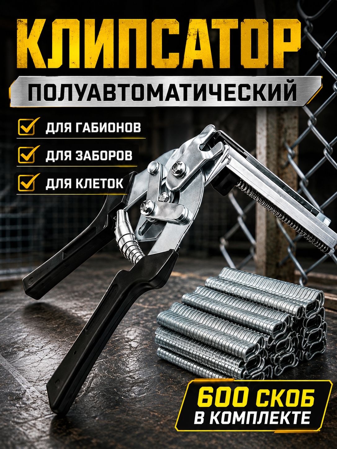 Клипсатор полуавтоматический для сетки и клеток, степлер для сборки габионов и заборов, инструмент для крепежа с магазином на 600 скоб