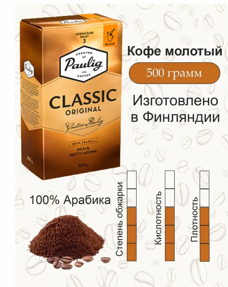 Кофе молотый арабика 100% Paulig Classic 250 гр, натуральный средней обжарки для турки, чашки, кофеварки и пренч пресса, с нотами шоколада и ореха