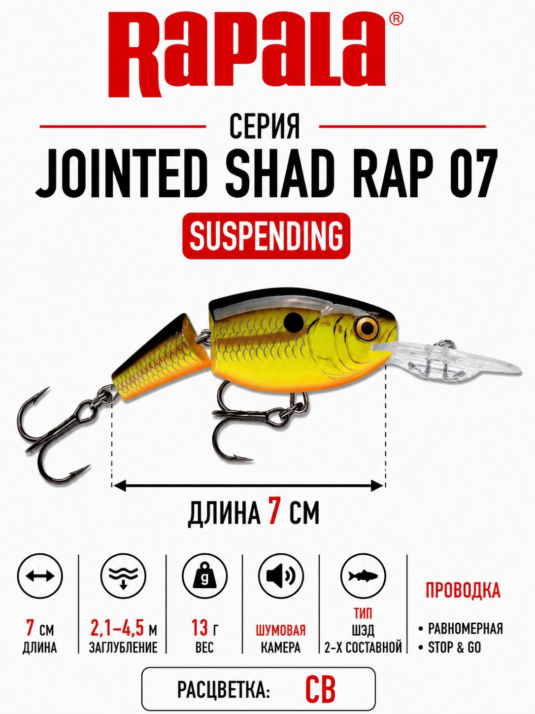 Воблер RAPALA Jointed Shad Rap 07 CB суспендер 2,1-4,5м, 7см, 13гр