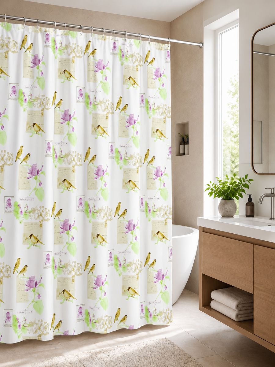 Штора занавеска для ванной BATH PLUS 180*180 тканевая&не промокаемая Paradise birds