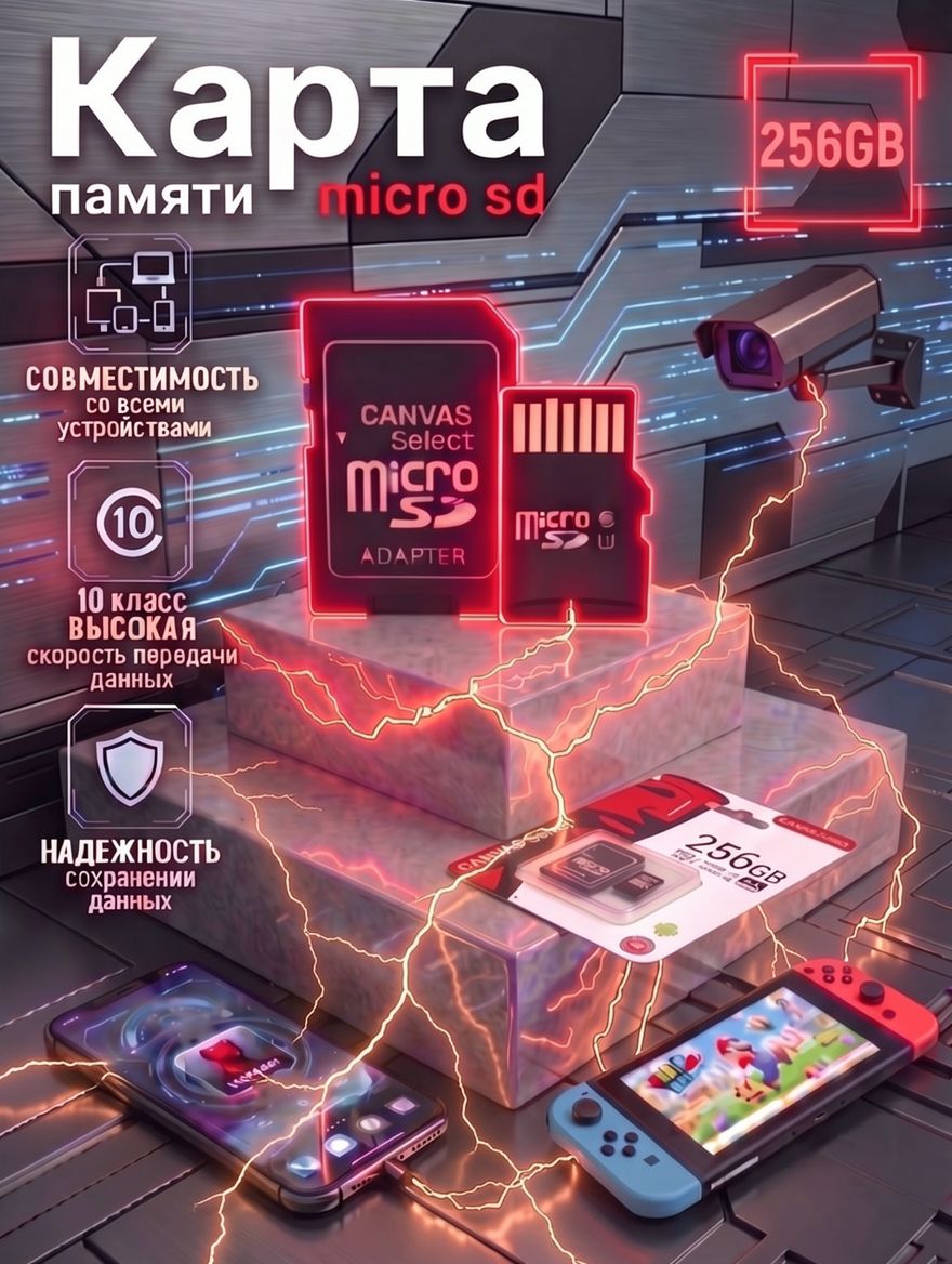 Карта памяти Micro SD Canvas Select 256 ГБ с адаптером для расширения памяти
