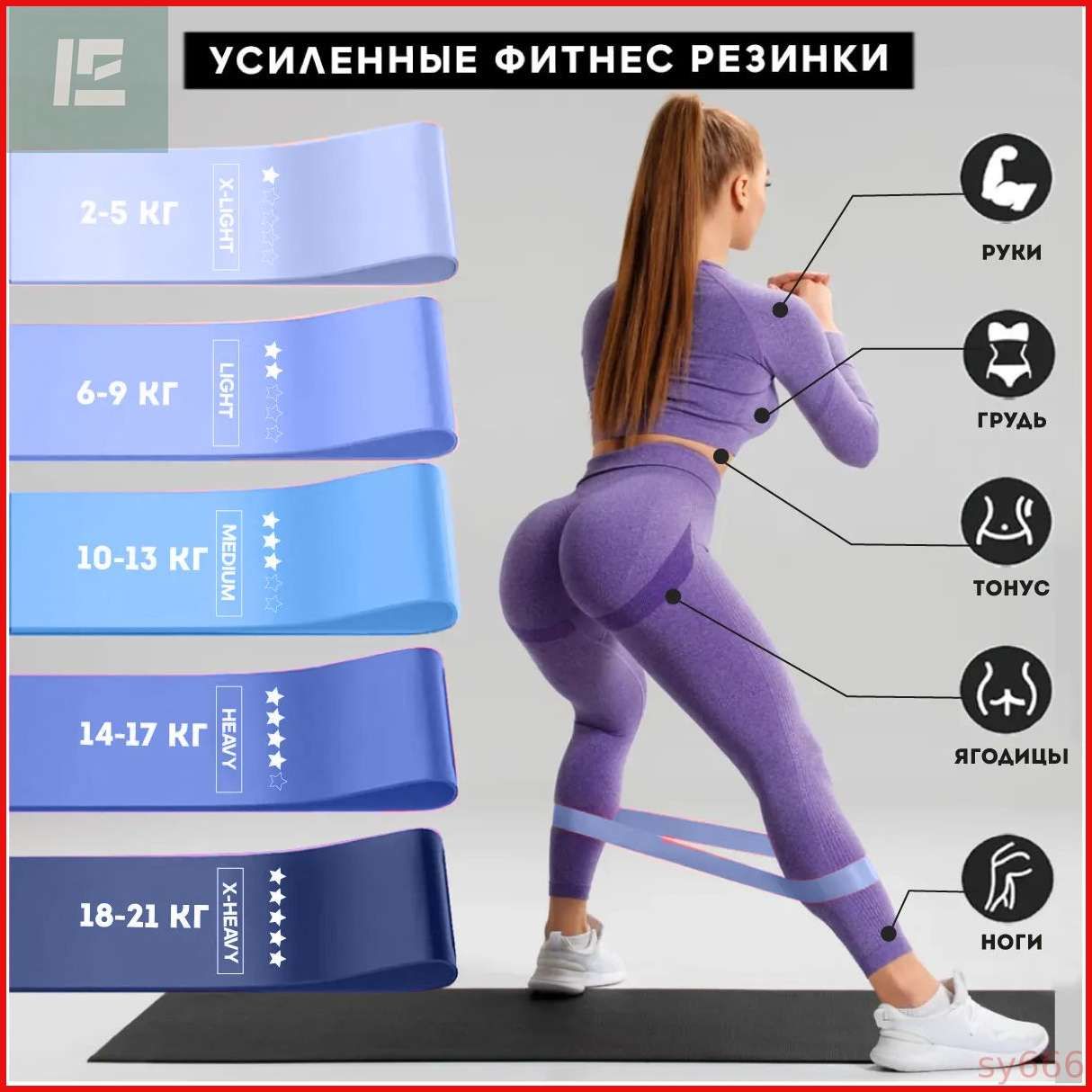 Резинка для фитнеса, набор 5 шт. Спортивный комплект эспандеров для спорта, йоги, пилатеса. Фитнес резинки цвет: синий G