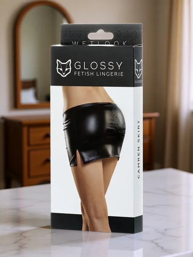 Черная эластичная мини юбочка GLOSSY (имитация винила) M (44)