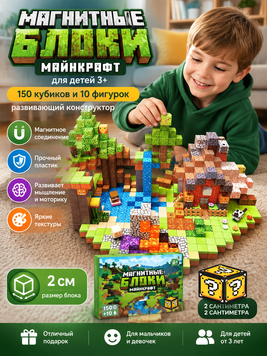 Магнитные блоки Майнкрафт для детей 3+: 150 кубиков и 10 фигурок, развивающий конструктор